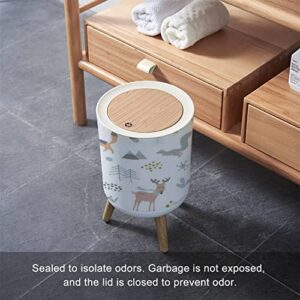 Trash Can with Lid Kids Children or Infants Seamless Repeat Winter Forrest Animal Theme Press Cover Small Garbage Bin Round with Wooden Legs Waste Basket for Bathroom Kitchen Bedroom 7L/1.8 Gallon