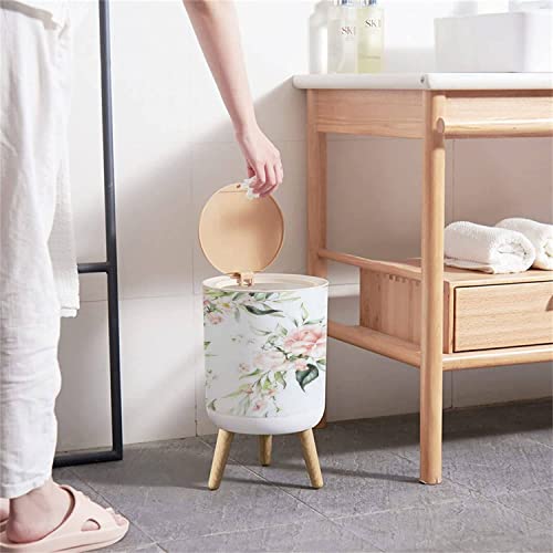 Small Trash Can with Lid Seamless Watercolor Floral Pink Flowers Green Leaves Branches on White Round Recycle Bin Press Top Dog Proof Wastebasket for Kitchen Bathroom Bedroom Office 7L/1.8 Gallon