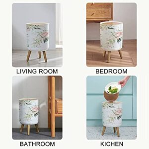 Small Trash Can with Lid Seamless Watercolor Floral Pink Flowers Green Leaves Branches on White Round Recycle Bin Press Top Dog Proof Wastebasket for Kitchen Bathroom Bedroom Office 7L/1.8 Gallon