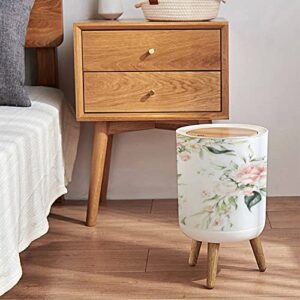 Small Trash Can with Lid Seamless Watercolor Floral Pink Flowers Green Leaves Branches on White Round Recycle Bin Press Top Dog Proof Wastebasket for Kitchen Bathroom Bedroom Office 7L/1.8 Gallon