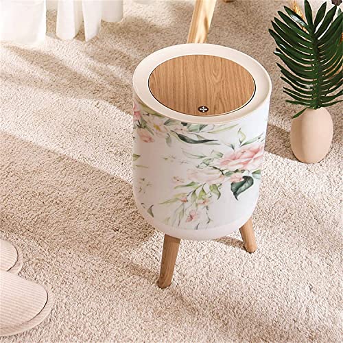 Small Trash Can with Lid Seamless Watercolor Floral Pink Flowers Green Leaves Branches on White Round Recycle Bin Press Top Dog Proof Wastebasket for Kitchen Bathroom Bedroom Office 7L/1.8 Gallon