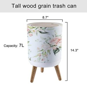 Small Trash Can with Lid Seamless Watercolor Floral Pink Flowers Green Leaves Branches on White Round Recycle Bin Press Top Dog Proof Wastebasket for Kitchen Bathroom Bedroom Office 7L/1.8 Gallon