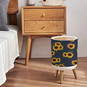 Small Trash Can with Lid Sunflower and Leaf Seamless Flat Watercolor Style Navy Sun Flowers and Round Recycle Bin Press Top Dog Proof Wastebasket for Kitchen Bathroom Bedroom Office 7L/1.8 Gallon