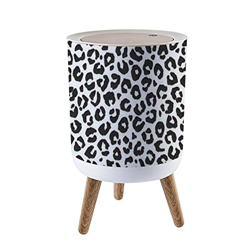 Small Trash Can with Lid Seamless Leopard Fur Fashionable Wild Leopard Print Modern Panther Wood Legs Press Cover Garbage Bin Round Simple Human Waste Bin Wastebasket for Kitchen Bathroom Office