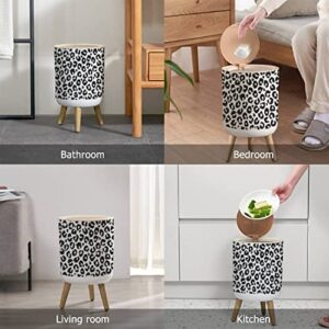 Small Trash Can with Lid Seamless Leopard Fur Fashionable Wild Leopard Print Modern Panther Wood Legs Press Cover Garbage Bin Round Simple Human Waste Bin Wastebasket for Kitchen Bathroom Office