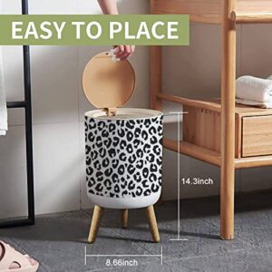 Small Trash Can with Lid Seamless Leopard Fur Fashionable Wild Leopard Print Modern Panther Wood Legs Press Cover Garbage Bin Round Simple Human Waste Bin Wastebasket for Kitchen Bathroom Office