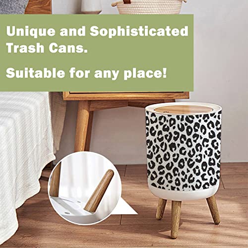 Small Trash Can with Lid Seamless Leopard Fur Fashionable Wild Leopard Print Modern Panther Wood Legs Press Cover Garbage Bin Round Simple Human Waste Bin Wastebasket for Kitchen Bathroom Office