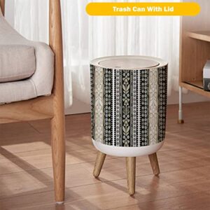 Small Trash Can with Lid Seamless Based on Ornament Paisley Bandana Print Vintage Style Silk Wood Legs Press Cover Garbage Bin Round Waste Bin Wastebasket for Kitchen Bathroom Office 7L/1.8 Gallon