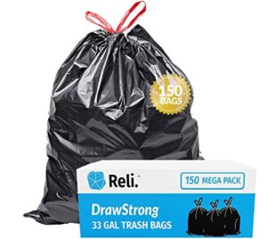 reli. 33 gallon trash bags drawstring | 150 count | black | 33 gallon garbage bags heavy duty | large 33 gal