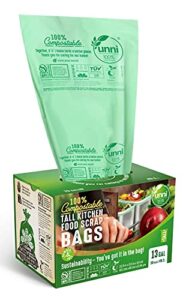 unni 100% compostable bags, 13 gallon, 49.2 liter, 50 count, heavy duty 0.85 mil, tall kitchen food scrap waste bags, astm d6400, en 13432, us bpi and europe ok compost home certified, san francisco