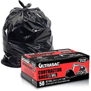 ultrasac heavy duty contractor bags (value 50 pack/w ties), 42 gallon, 32.75″ x 47″ – 3 mil thick large black industrial garbage trashbags for construction and commercial use