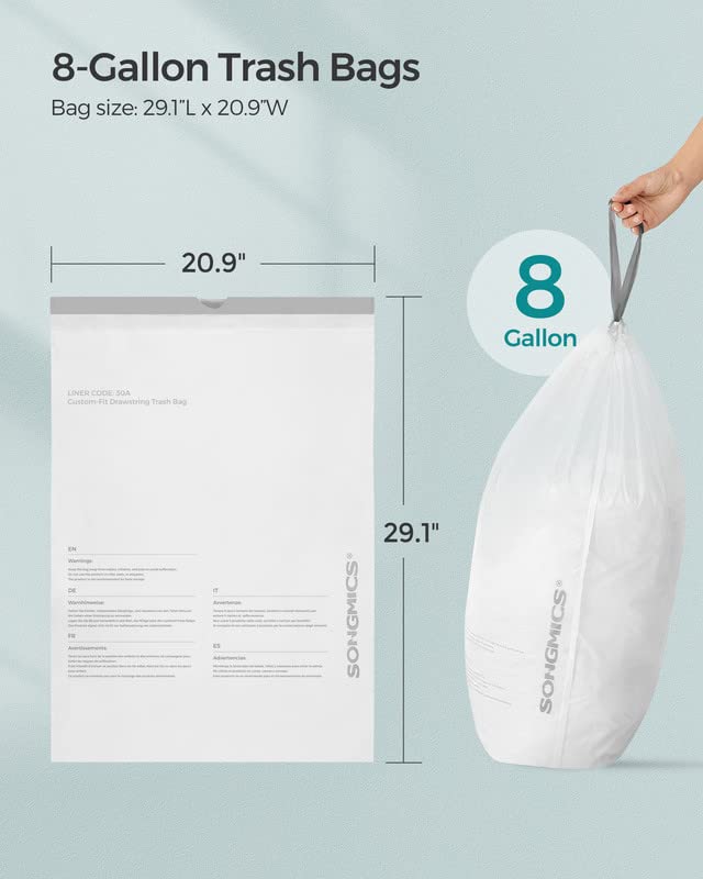 SONGMICS Drawstring Trash Bags, 8 Gallon Garbage Bags for 8-Gallon or 16-Gallon Dual Trash Cans, Trash Liners, Custom-Fit, Liner Code 30A, 2 Rolls, 90 Count, Watertight, Kitchen, White UKRB30A02