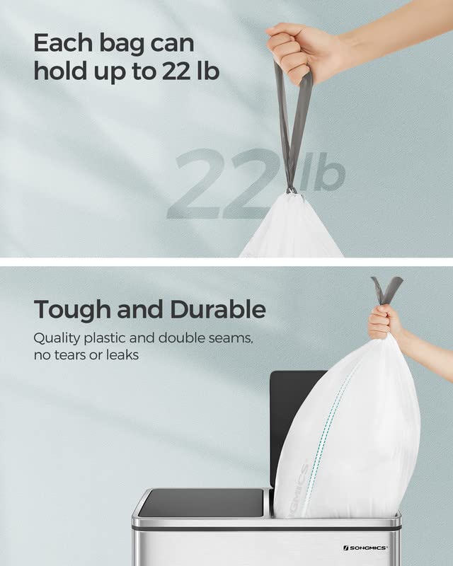 SONGMICS Drawstring Trash Bags, 8 Gallon Garbage Bags for 8-Gallon or 16-Gallon Dual Trash Cans, Trash Liners, Custom-Fit, Liner Code 30A, 2 Rolls, 90 Count, Watertight, Kitchen, White UKRB30A02