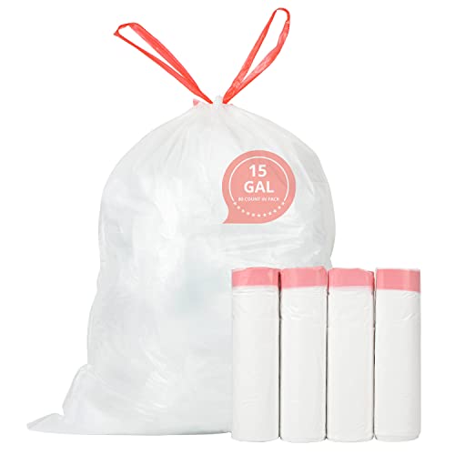 Glasho 15 Gallon Plastic Drawstring Trash Bags 80 Count White Leak Proof Garbage Bags for Tall Kitchen Home Office Outdoor