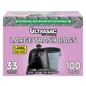 ultrasac – 792763 ultrasac 33 gallon trash bags – (huge 100 pack/w ties) – 39′ x 33′ heavy duty large professional quality black garbage bags – extra strong plastic trashbags for home, kitchen, lawn, and other