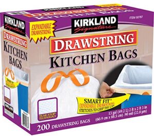 kirkland signature 13 gallon 200 ct carton 100% recyclable heavy duty drawstring kitchen trash bags garbage bag ,white