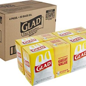 GLAD Tall Kitchen Trash Bags, 13 Gallon Handle Tie Trash Big for Kitchen, Unscented, 50 Count (Pack of 4)