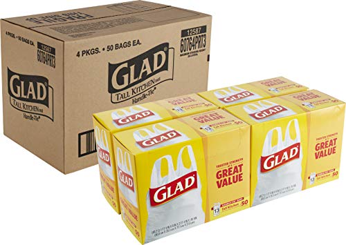 GLAD Tall Kitchen Trash Bags, 13 Gallon Handle Tie Trash Big for Kitchen, Unscented, 50 Count (Pack of 4)