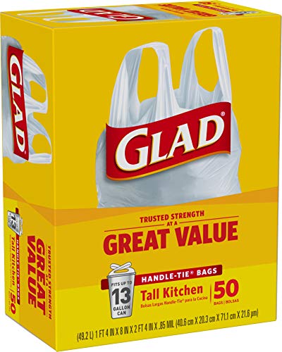 GLAD Tall Kitchen Trash Bags, 13 Gallon Handle Tie Trash Big for Kitchen, Unscented, 50 Count (Pack of 4)