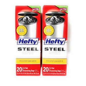 Hefty Steel Trash Bags 3.2 Gallon Drawstring Bags, Custom Fit for Steel Step Can Size B (1.32 Gallon/5 Liter Round & Oval and 3 Gallon/12 Liter Round & Oval), 2 Boxes of 20 Bags - 40 Bags Total