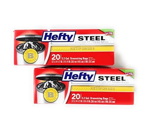 Hefty Steel Trash Bags 3.2 Gallon Drawstring Bags, Custom Fit for Steel Step Can Size B (1.32 Gallon/5 Liter Round & Oval and 3 Gallon/12 Liter Round & Oval), 2 Boxes of 20 Bags - 40 Bags Total