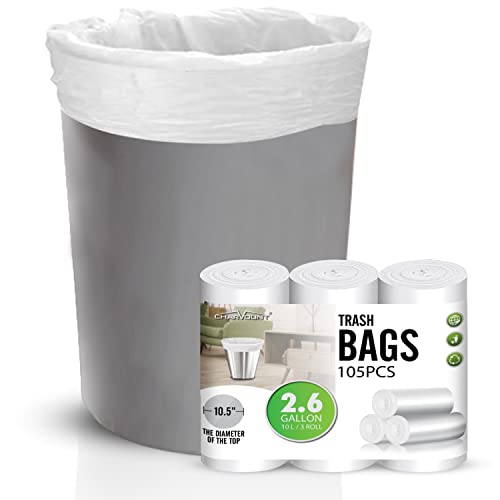 Charmount Small Trash Bags - Bathroom Trash Bags- Garbage Bags for Kitchen, Office, Bedroom, 2.6 Gallon Trash Can Liners, Unscented,105 Counts (White)