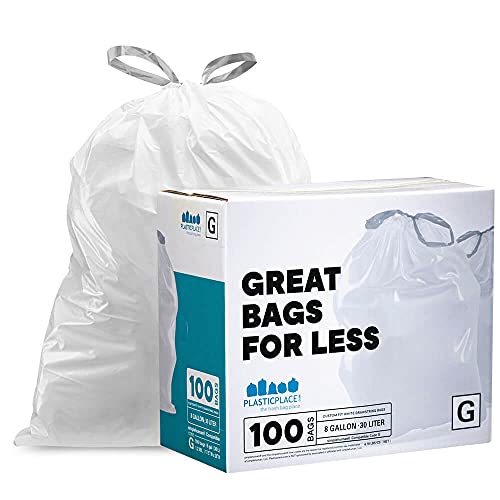 Plasticplace TRA165WH simplehuman (x) Code G Compatible (100 Count) │ White Drawstring Garbage Liners 8 Gallon / 30 Liter │ 17.5" x 28"