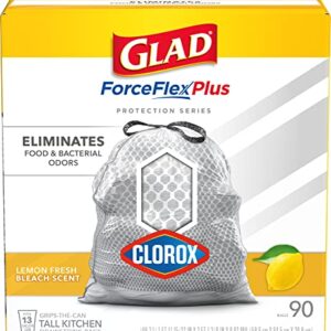 GLAD ForceFlexPlus Tall Kitchen Trash Bags, 13 Gallon Trash Bags for Tall Kitchen Trash Can, Lemon Fresh Bleach Scent to Eliminate Odors, 90 Count (Package May Vary)