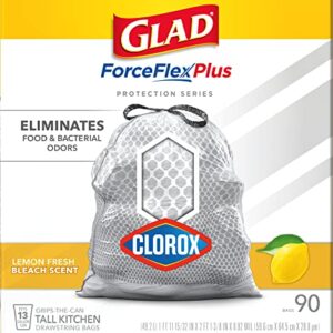 GLAD ForceFlexPlus Tall Kitchen Trash Bags, 13 Gallon Trash Bags for Tall Kitchen Trash Can, Lemon Fresh Bleach Scent to Eliminate Odors, 90 Count (Package May Vary)