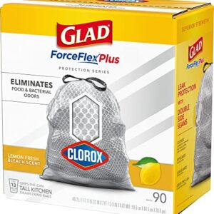 GLAD ForceFlexPlus Tall Kitchen Trash Bags, 13 Gallon Trash Bags for Tall Kitchen Trash Can, Lemon Fresh Bleach Scent to Eliminate Odors, 90 Count (Package May Vary)