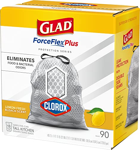 GLAD ForceFlexPlus Tall Kitchen Trash Bags, 13 Gallon Trash Bags for Tall Kitchen Trash Can, Lemon Fresh Bleach Scent to Eliminate Odors, 90 Count (Package May Vary)