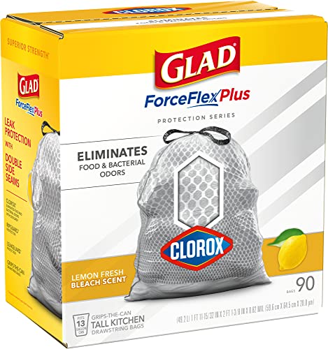 GLAD ForceFlexPlus Tall Kitchen Trash Bags, 13 Gallon Trash Bags for Tall Kitchen Trash Can, Lemon Fresh Bleach Scent to Eliminate Odors, 90 Count (Package May Vary)