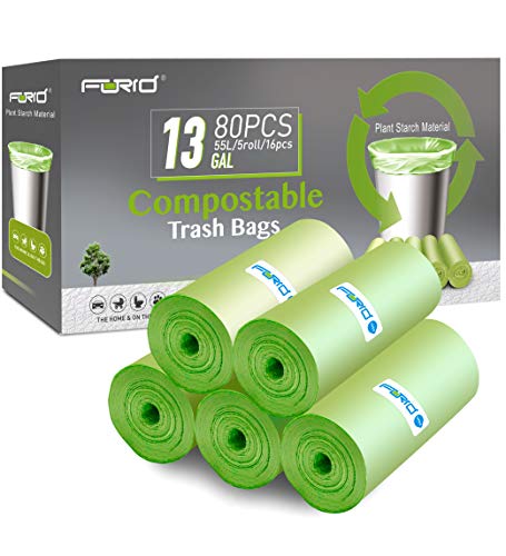 Compostable Trash Bags - FORID 13 Gallon Tall Kitchen Garbage Bags 80 Count Unscented Trash Can Liners 55 Liter Medium Wastebasket Bags for Bathroom Home Bedroom Office Garbage Can (5Rolls/Green)