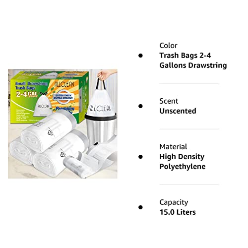 Trash Bags Small 2 to 4 Gallons Drawstring with Handles, Small Kitchen Garbage Bags White Drawstring Wastebasket Ultra Strong Bags, Clear Simple Trash Bags for Bathroom, Bedroom Office 15L(90 Counts)