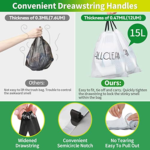 Trash Bags Small 2 to 4 Gallons Drawstring with Handles, Small Kitchen Garbage Bags White Drawstring Wastebasket Ultra Strong Bags, Clear Simple Trash Bags for Bathroom, Bedroom Office 15L(90 Counts)