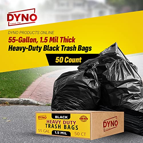 Dyno Products Online 55-Gallon, 1.5 Mil Thick Heavy-Duty Black Trash Bags, 50 Count - Large Plastic Garbage Liners Fits Huge Cans for Home Garden Lawn Yard Recycling Construction & Commercial Use