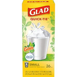 glad small trash bags – 4 gallon trash bag for waste basket, gain original scent with febreze freshness- 26 count (pack of 6)