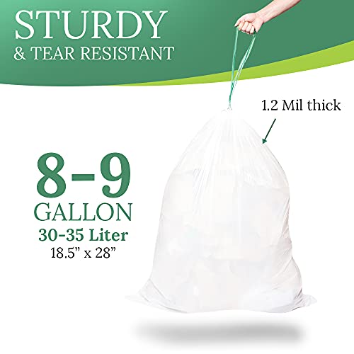 Compatible with Simple human Code H, 200 Count, Eco-Friendly, White Drawstring Trash Bags, 8-9 Gallon,30-35 Liter, 18.5" x 28", 1.2 Mil thick, Made in the USA with 70% CERTIFIED Post Consumer Material