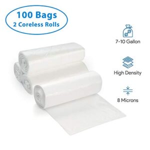 7-10 Gallon Clear Garbage Can Liners, 100 Count - Small - Medium Trash Can Liners - High Density, Thin, Lightweight, 8 Microns - For Office, Home, Hospital Wastebaskets - 2 Coreless Rolls