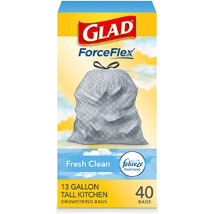 GLAD ForceFlex Tall Kitchen Drawstring Trash Bags, 13 Gallon Drawstring Trash Bag for Tall Kitchen Trash Can, Fresh Clean Scent to Eliminate Odors, 40 Count