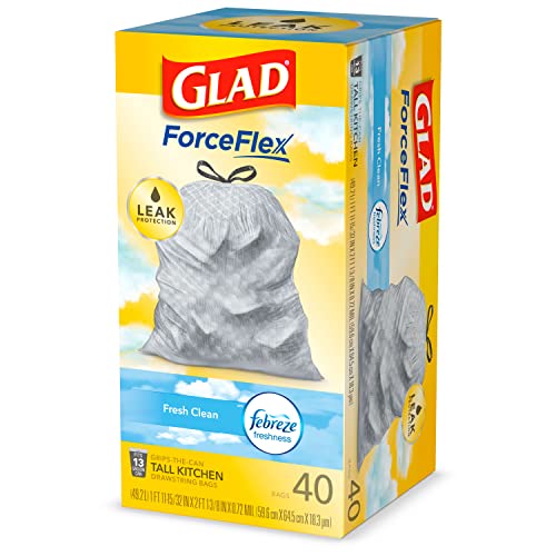 GLAD ForceFlex Tall Kitchen Drawstring Trash Bags, 13 Gallon Drawstring Trash Bag for Tall Kitchen Trash Can, Fresh Clean Scent to Eliminate Odors, 40 Count