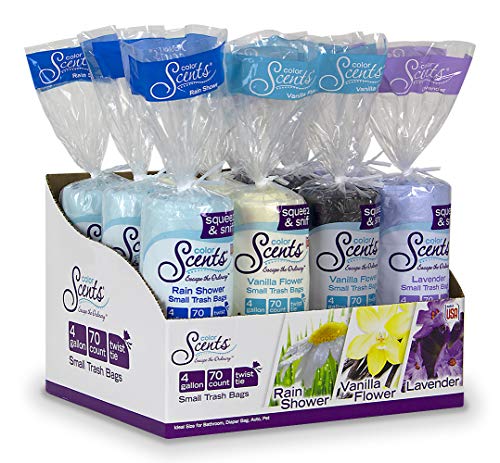 Color Scents Small Trash Bags - 4 Gallon, 840 Total Bags (12 Packs of 70 Count), Twist Tie - Multi-color bags in Calming Collection Scent