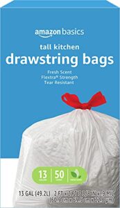 amazon basics flextra tall kitchen drawstring trash bags, fresh scent, 13 gallon, 50 count