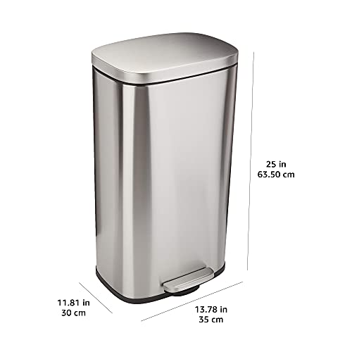 Amazon Basics 30 Liter / 7.9 Gallon Soft-Close, Smudge Resistant Trash Can with Foot Pedal - Brushed Stainless Steel, Satin Nickel Finish