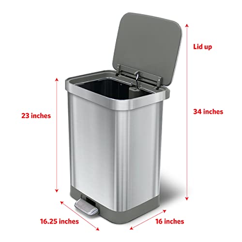 Glad Stainless Steel Step Trash Can with Clorox Odor Protection | Large Metal Kitchen Garbage Bin with Soft Close Lid, Foot Pedal and Waste Bag Roll Holder, 13 Gallon, All Stainless