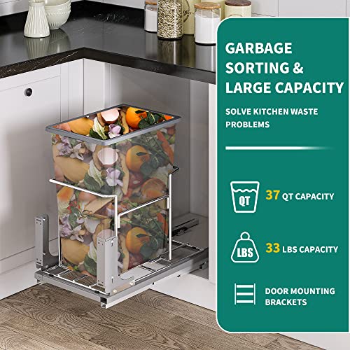 YITAHOME 37 Quart Pull-Out Trash Can Recycling Bin, Sliding Under Mount Kitchen Waste Garbage Container with Soft-Close Slides, Gray