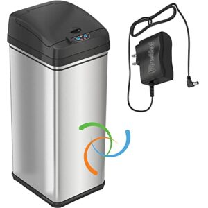 itouchless 13 gallon sensor trash can battery-free automatic bin with odor filter, for kitchen and office, black and stainless steel, ac adapter