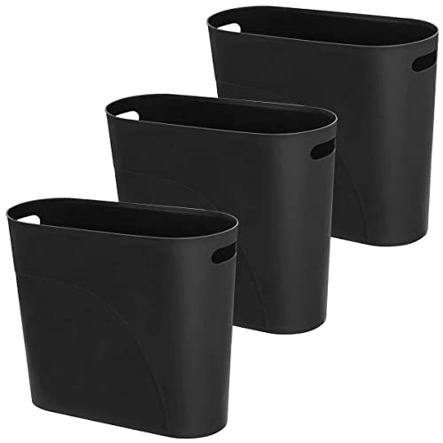 HZSOOCH 3 Pack Slim Waste Basket 3.2 Gallon 12L Plastic Small Trash Can, Office Trash Can, Slim Garbage Container Bin, Small Wastebasket with Handles for Narrow Spaces Bathroom, Kitchen (Black)