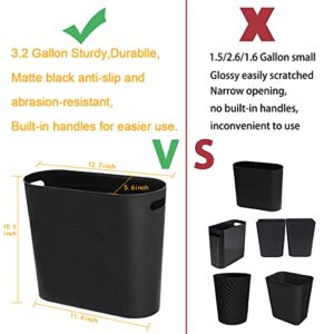 HZSOOCH 3 Pack Slim Waste Basket 3.2 Gallon 12L Plastic Small Trash Can, Office Trash Can, Slim Garbage Container Bin, Small Wastebasket with Handles for Narrow Spaces Bathroom, Kitchen (Black)