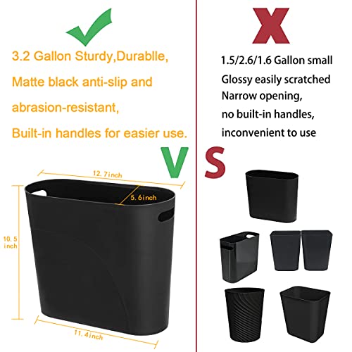 HZSOOCH 3 Pack Slim Waste Basket 3.2 Gallon 12L Plastic Small Trash Can, Office Trash Can, Slim Garbage Container Bin, Small Wastebasket with Handles for Narrow Spaces Bathroom, Kitchen (Black)